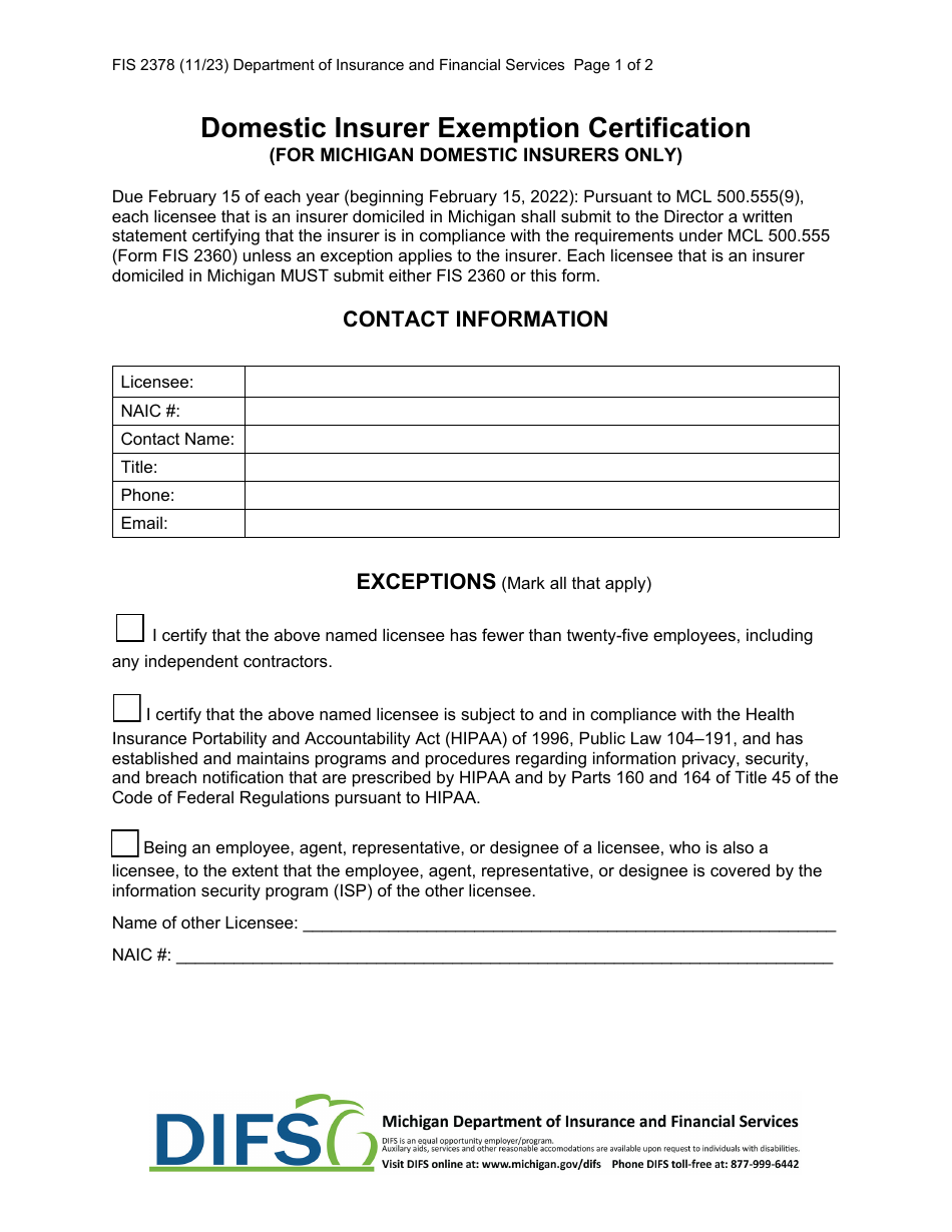 Form FIS2378 Download Fillable PDF or Fill Online Domestic Insurer ...
