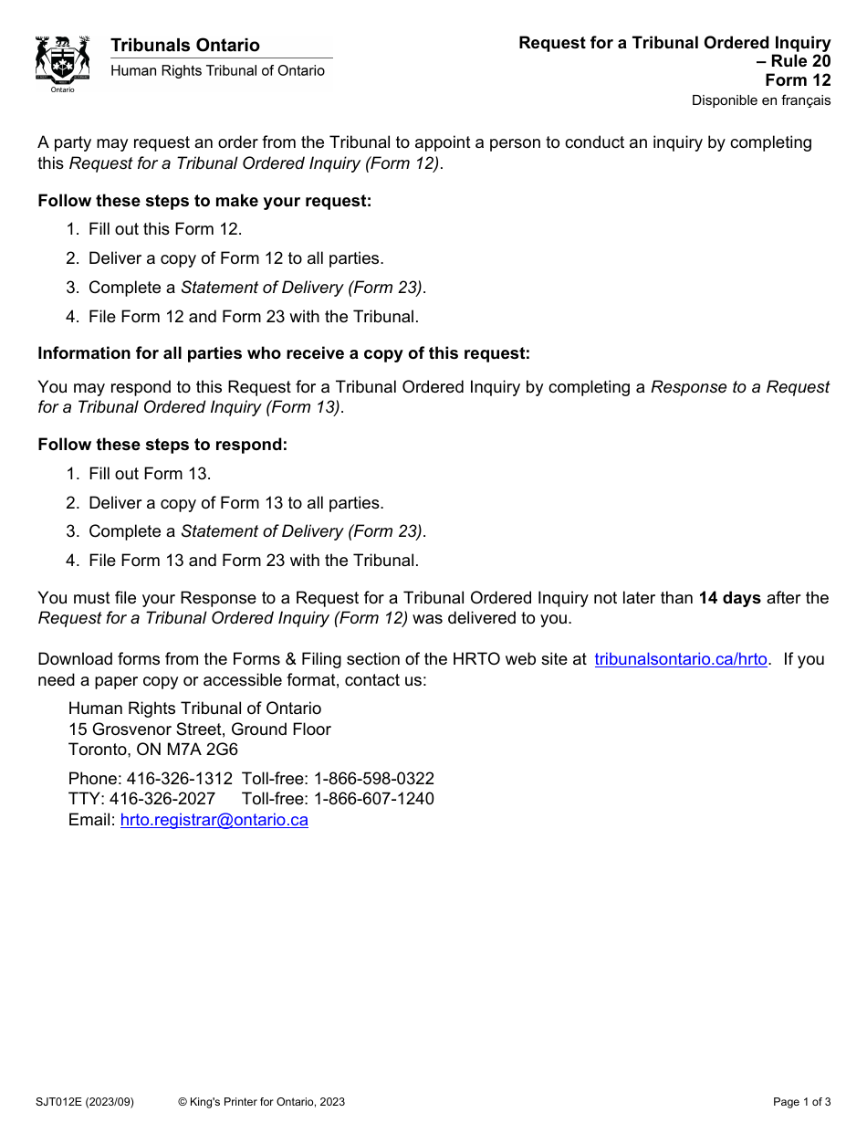Form 12 Download Fillable PDF or Fill Online Request for a Tribunal Ordered Inquiry, Ontario ...