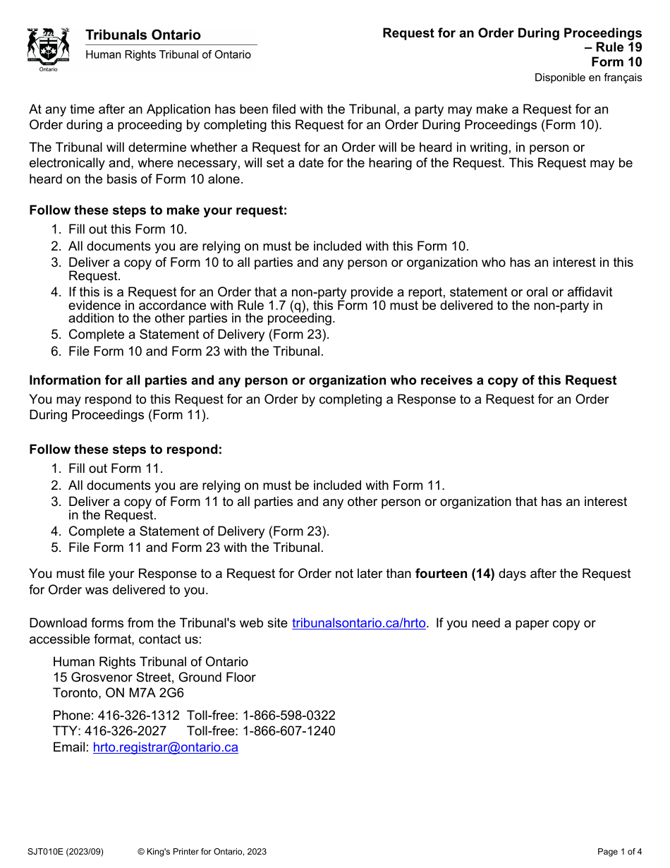 Form 10 - Fill Out, Sign Online and Download Fillable PDF, Ontario ...