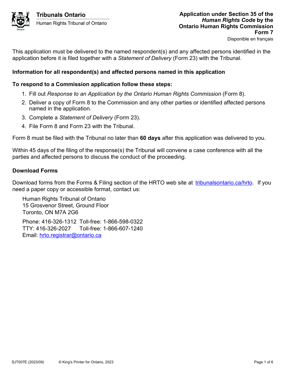 Form 7 - Fill Out, Sign Online and Download Fillable PDF, Ontario ...