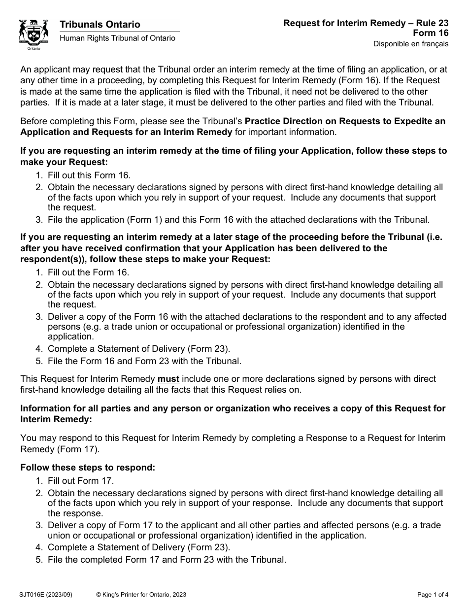 Form 16 Download Fillable PDF or Fill Online Request for Interim Remedy ...