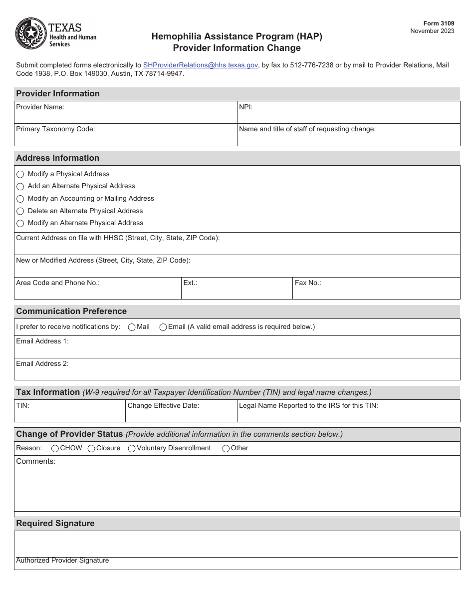 Form 3109 Download Fillable PDF or Fill Online Hemophilia Assistance Program (Hap) Provider ...