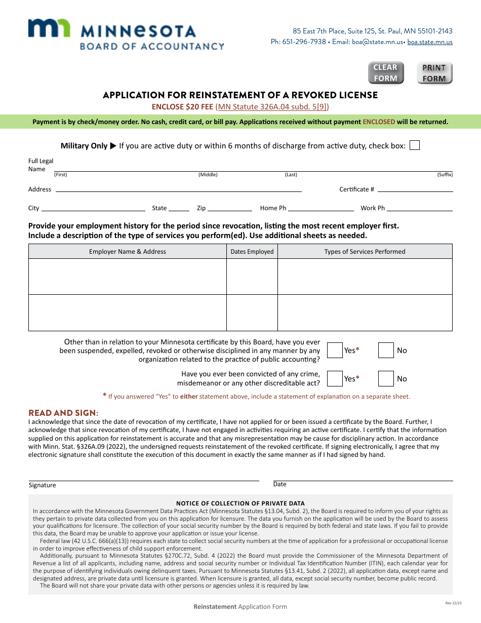 Minnesota Application for Reinstatement of a Revoked License - Fill Out ...