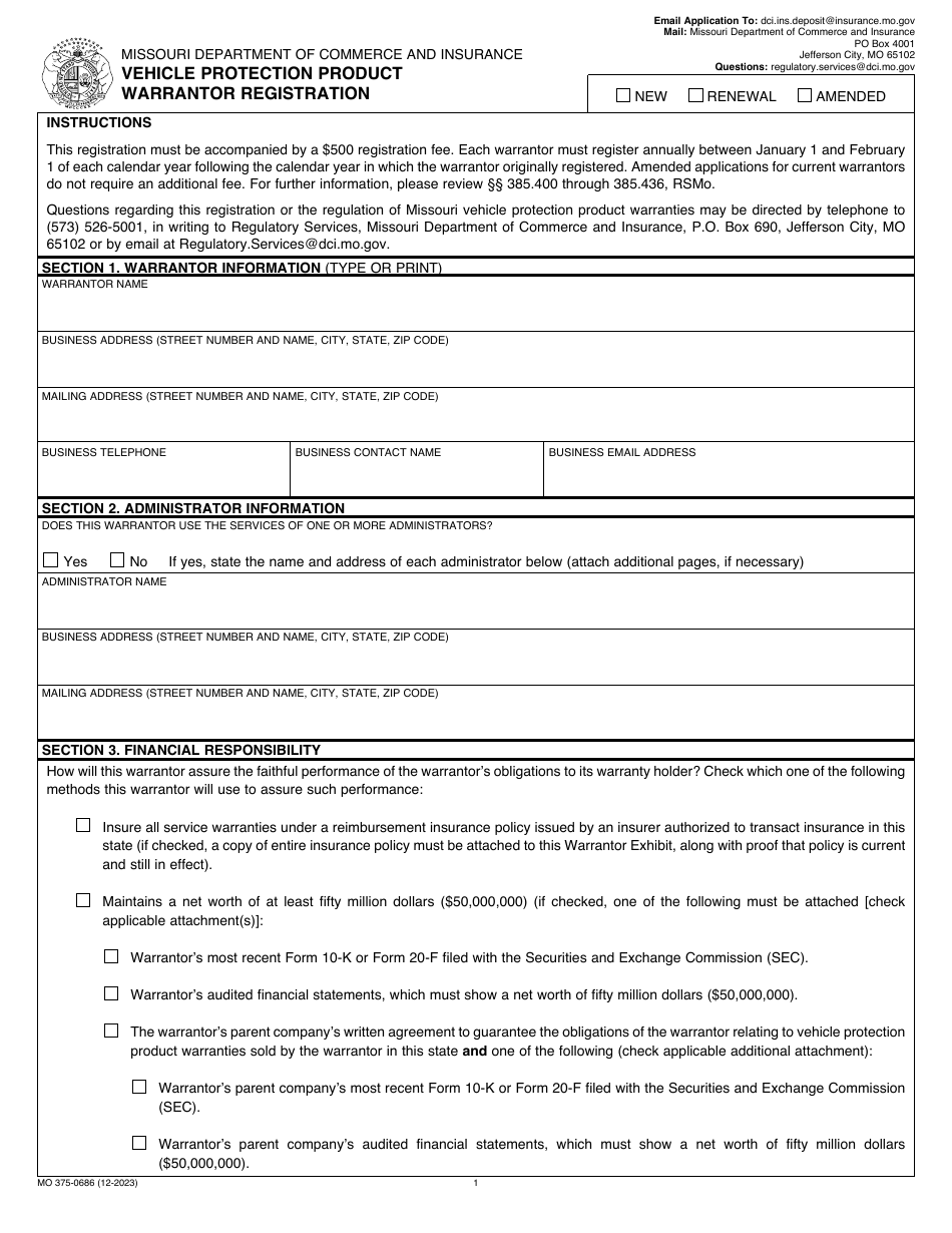 Form MO375-0686 Download Fillable PDF or Fill Online Vehicle Protection ...