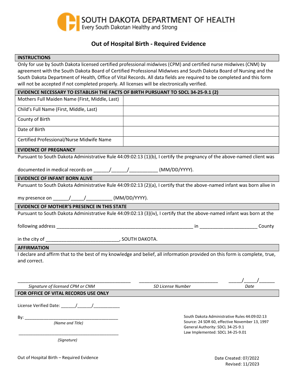 South Dakota Out of Hospital Birth - Required Evidence - Fill Out, Sign Online and Download PDF ...
