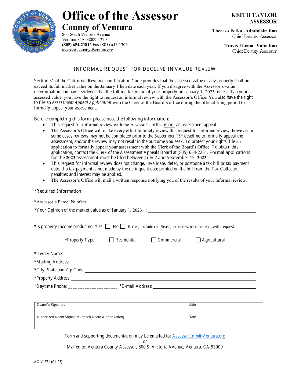 Form AO-V271 - Fill Out, Sign Online and Download Fillable PDF, County ...