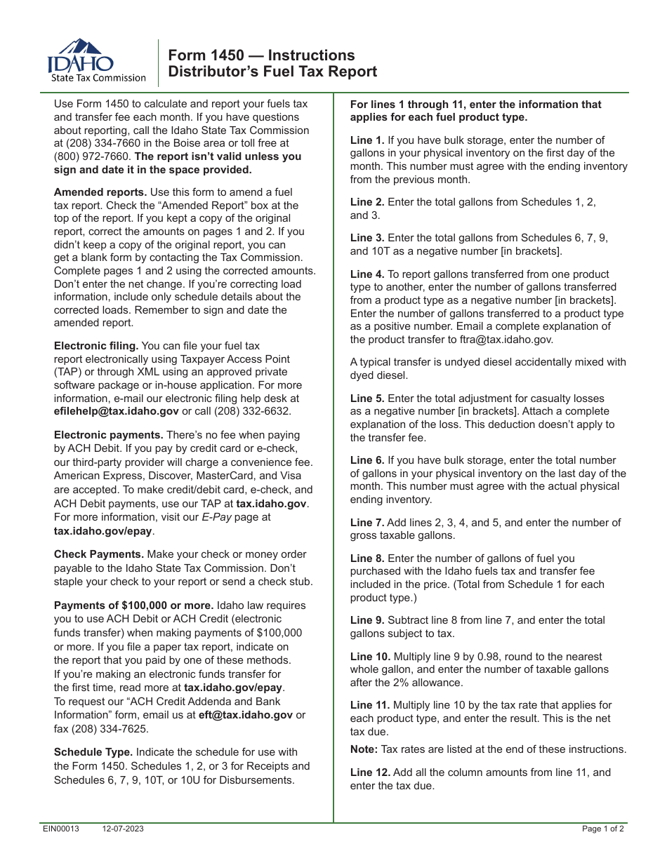 Download Instructions for Form 1450 Distributor's Fuel Tax Report PDF ...