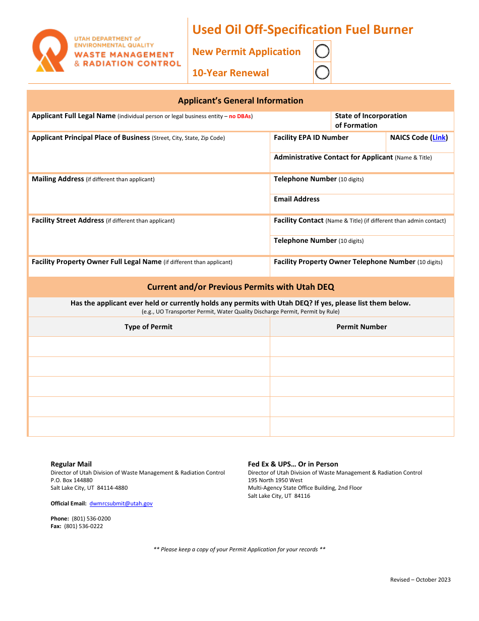 Utah Used Oil off-Specification Fuel Burner New Permit Application & 10 ...