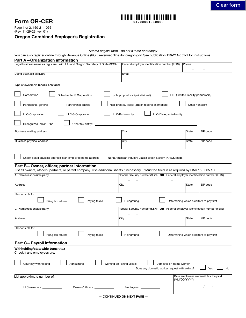 Form OR-CER (150-211-055) Download Fillable PDF or Fill Online Oregon ...