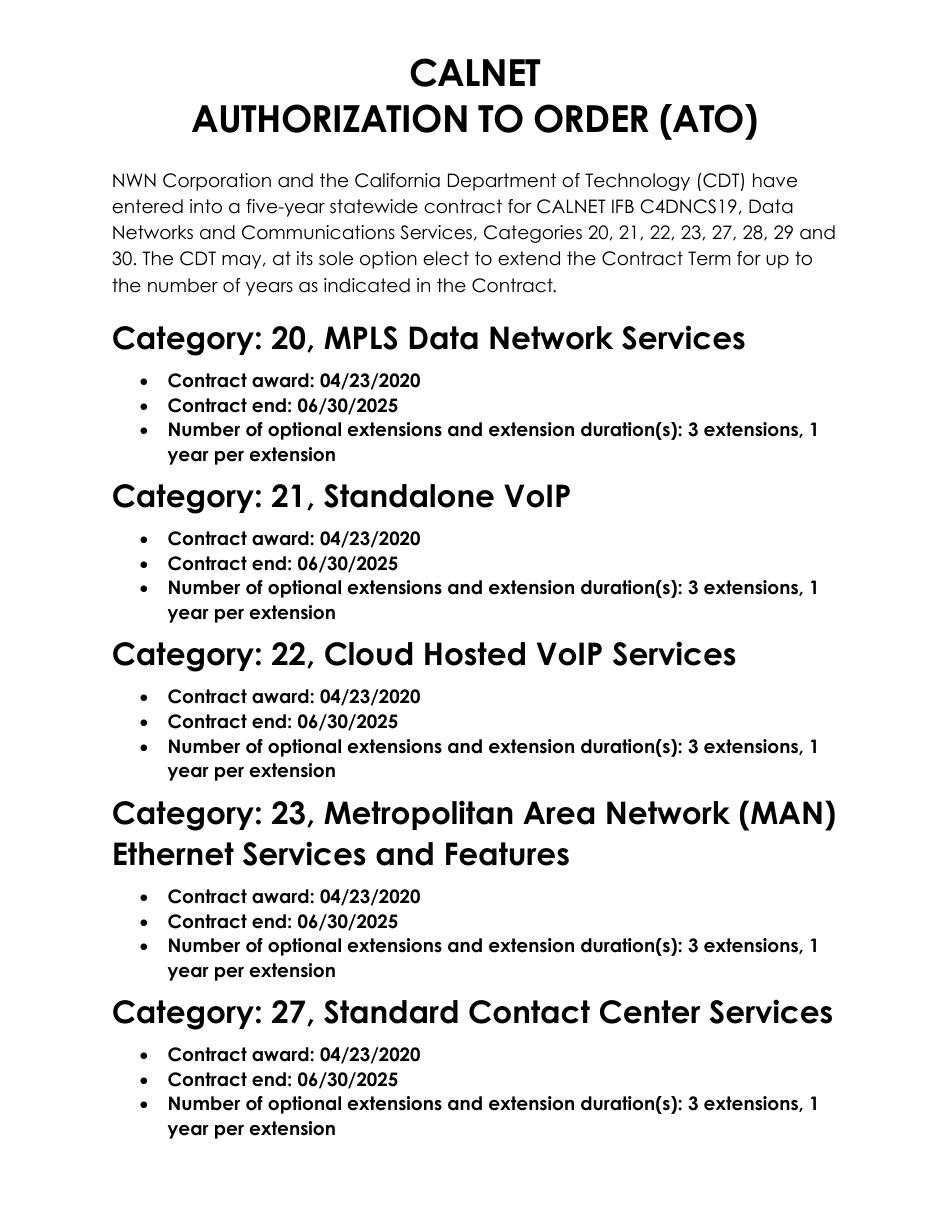 California Calnet Authorization to Order (Ato) - Categories 20-30 - Nwn ...