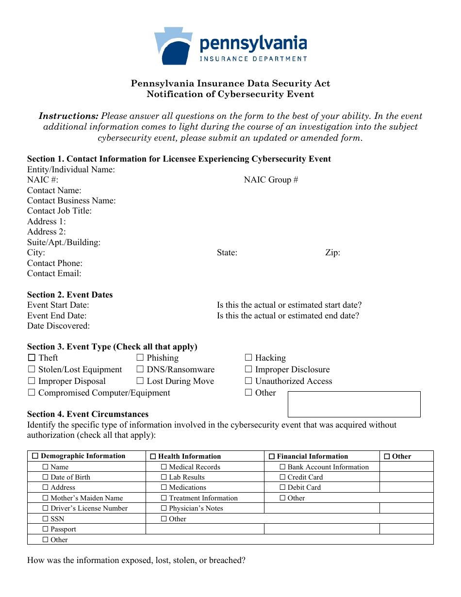Pennsylvania Notification of Cybersecurity Event - Fill Out, Sign ...