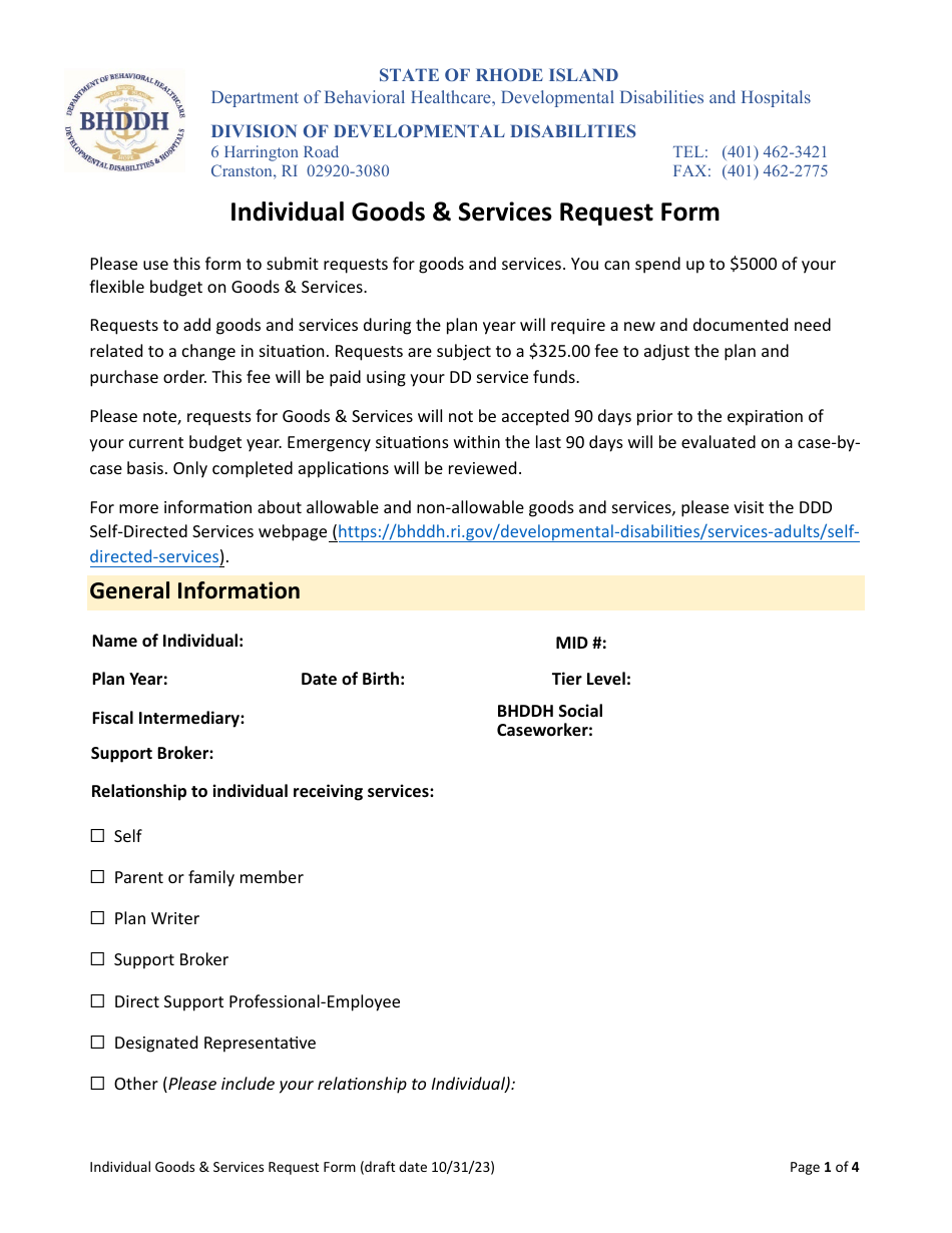 Rhode Island Individual Goods & Services Request Form - Draft - Fill ...