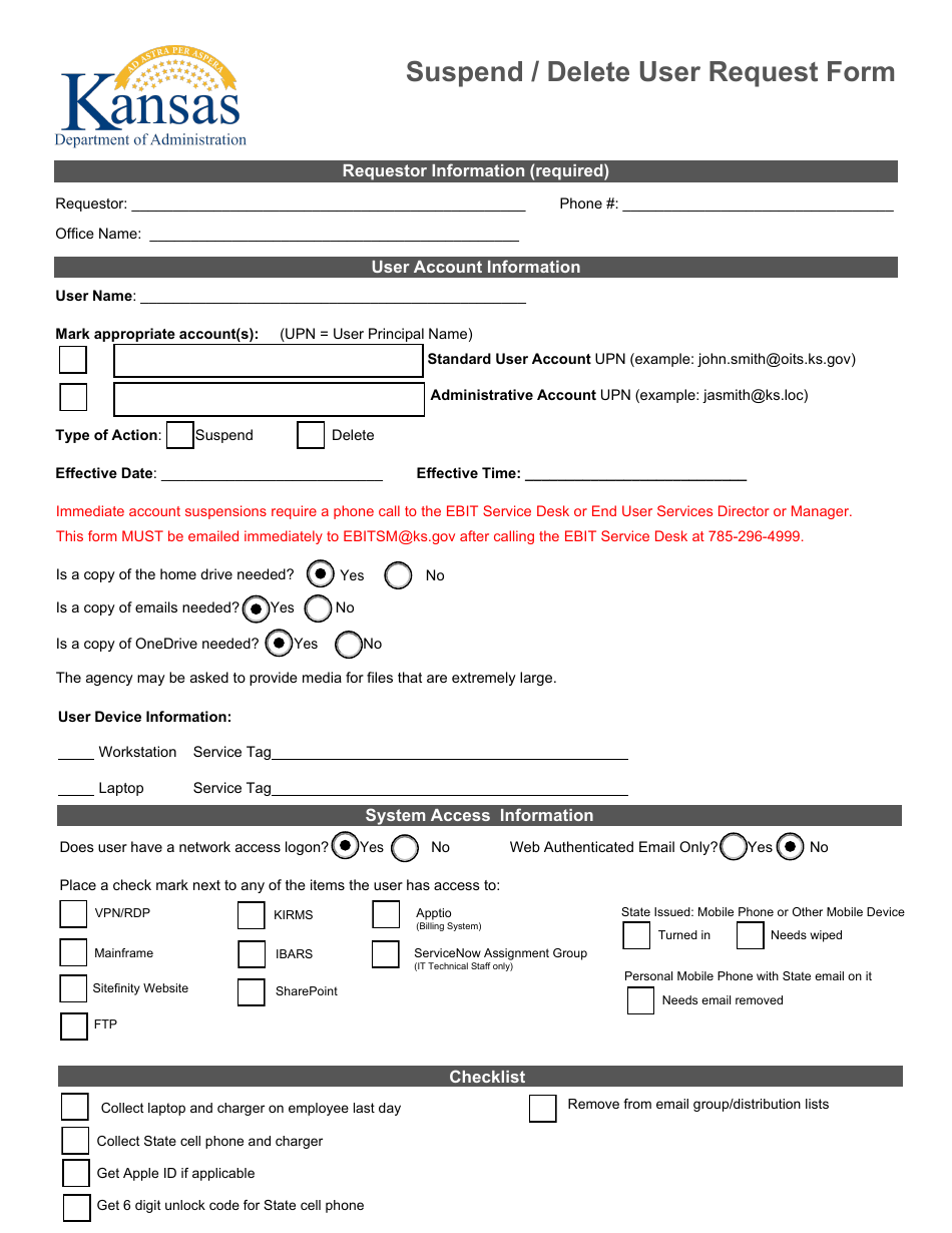 Kansas Suspend/Delete User Request Form - Fill Out, Sign Online and ...