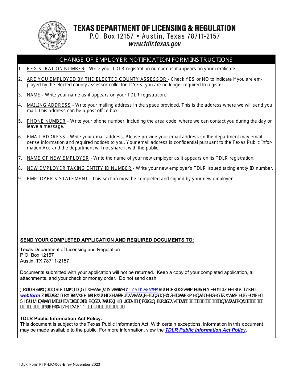TDLR Form PTP-LIC-006-E - Fill Out, Sign Online and Download Fillable ...