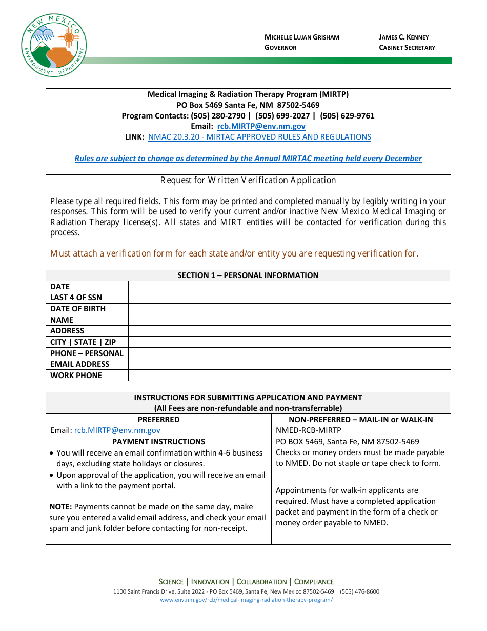 New Mexico Request for Written Verification Application - Medical Imaging & Radiation Therapy ...