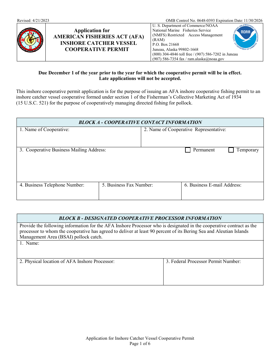 Application for American Fisheries Act (Afa) Inshore Catcher Vessel ...