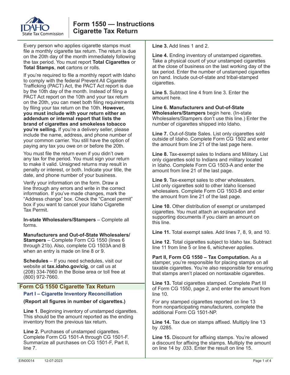 Download Instructions for Form 1550 Cigarette Tax Return PDF ...