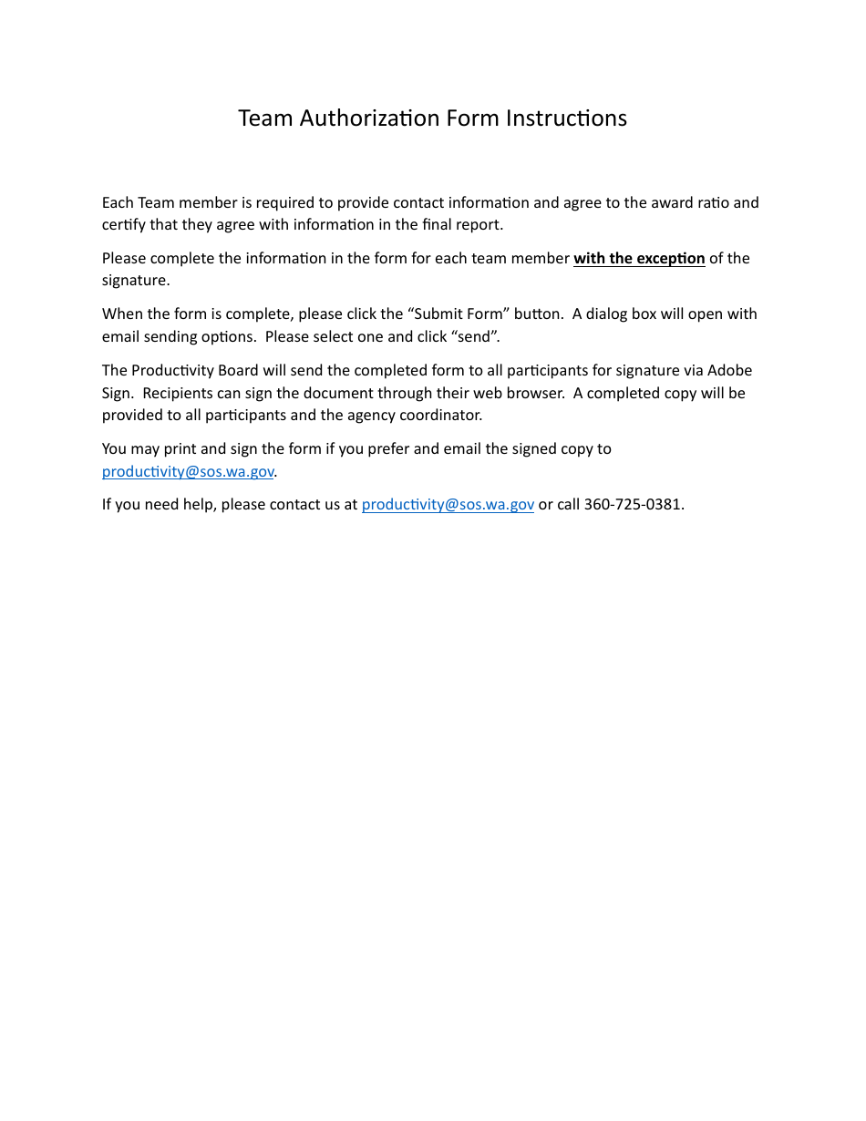 Washington Team Authorization Form - Fill Out, Sign Online and Download ...