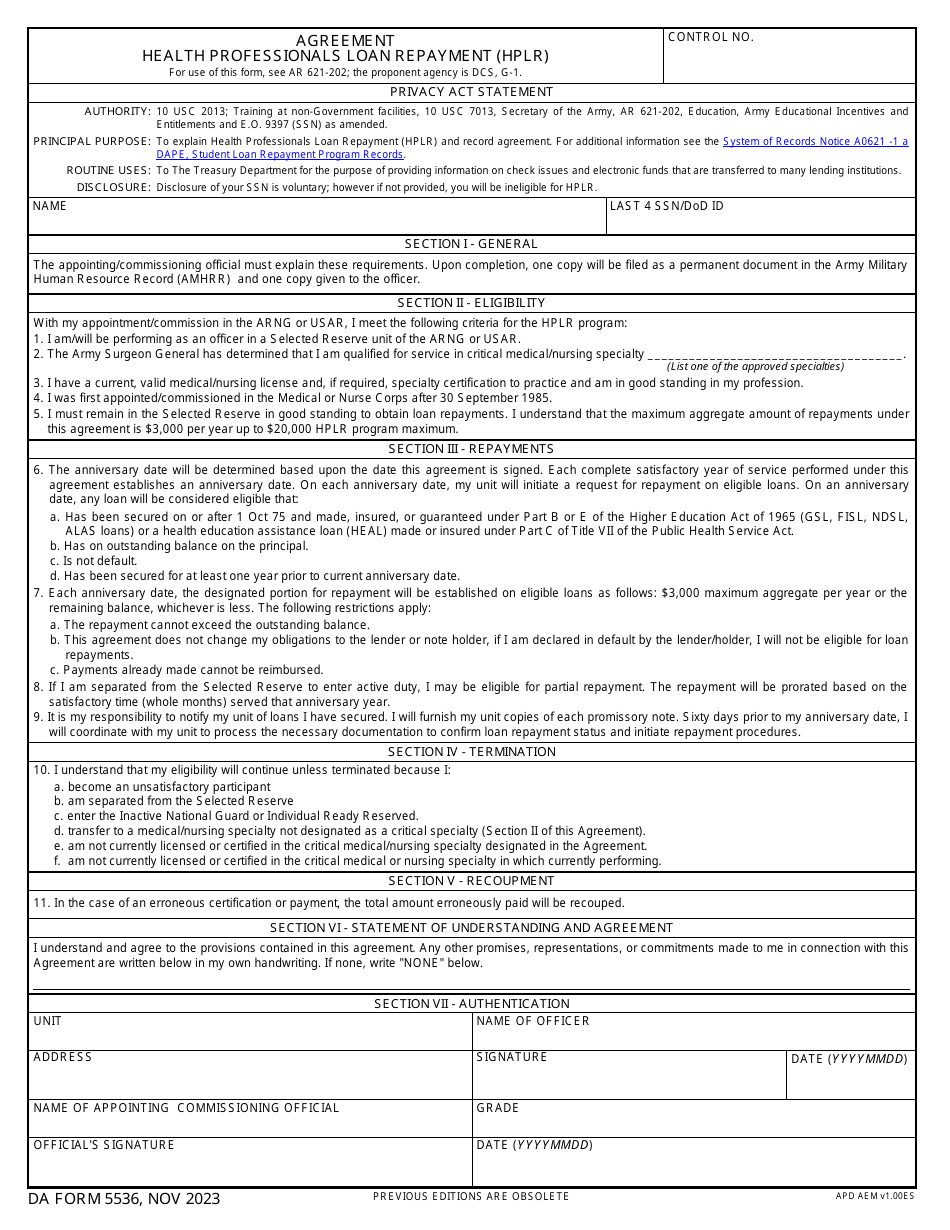DA Form 5536 Download Fillable PDF or Fill Online Agreement Health ...