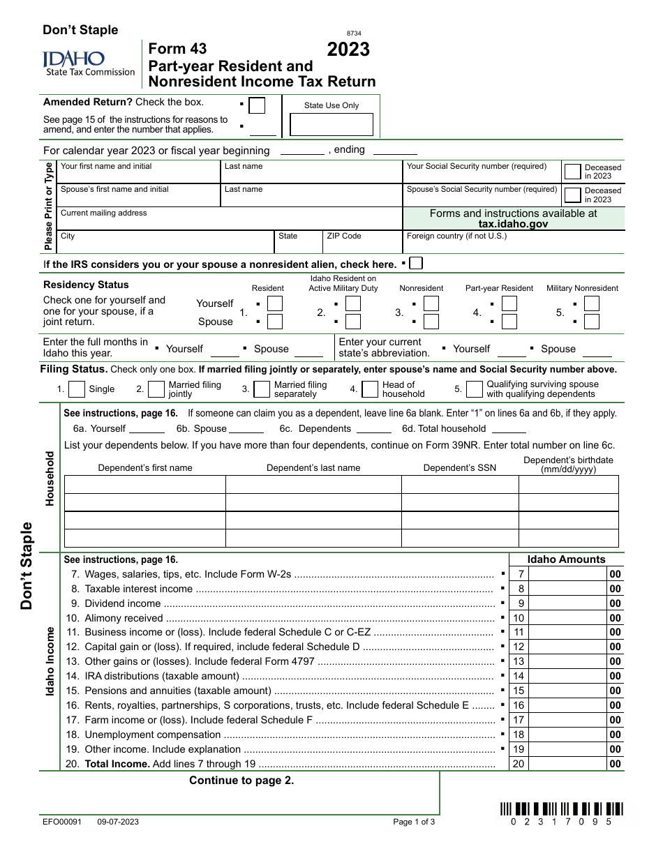 Form 43 (EFO00091) Download Fillable PDF or Fill Online Part-Year ...