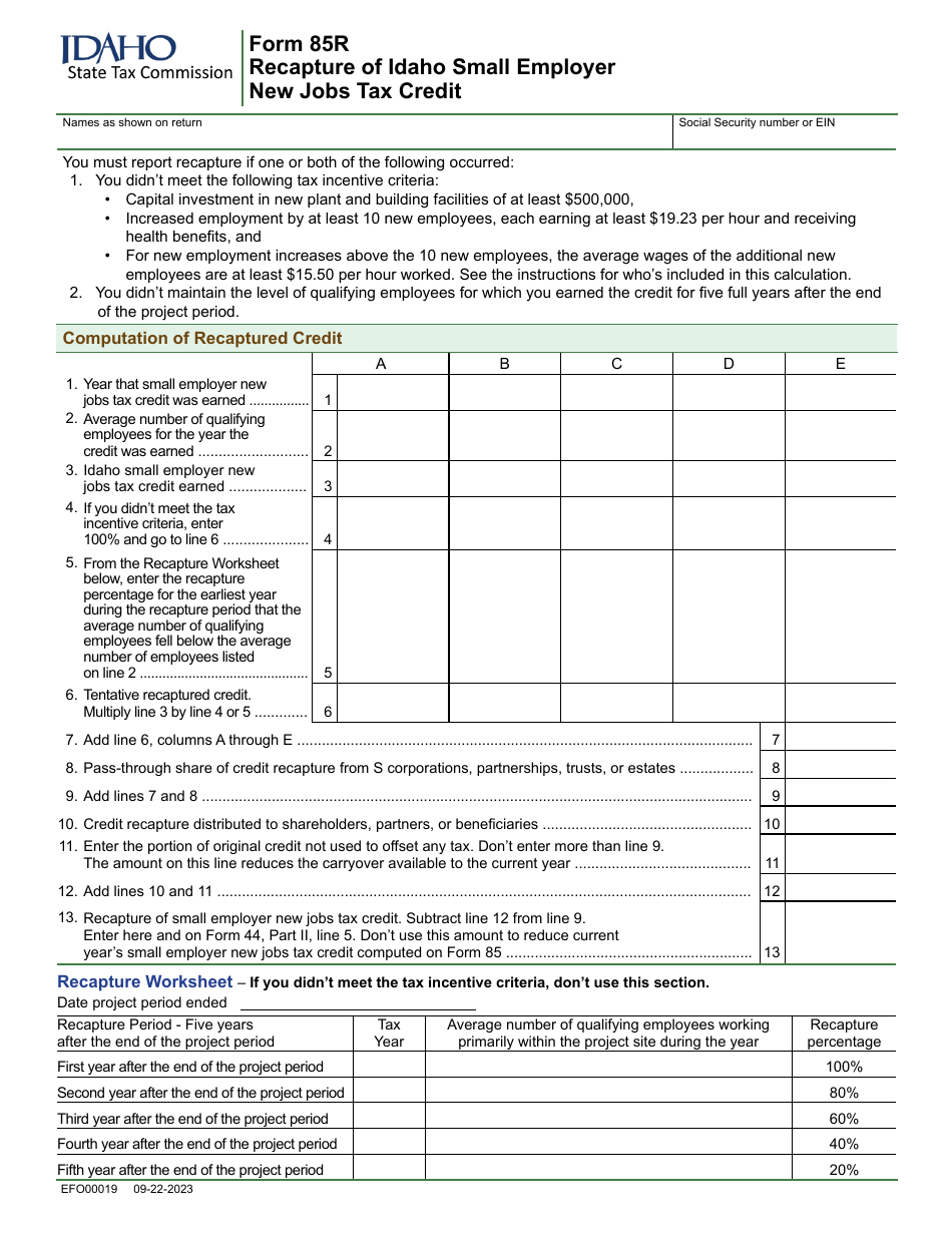 Form 85R (EFO00019) Download Fillable PDF or Fill Online Recapture of ...