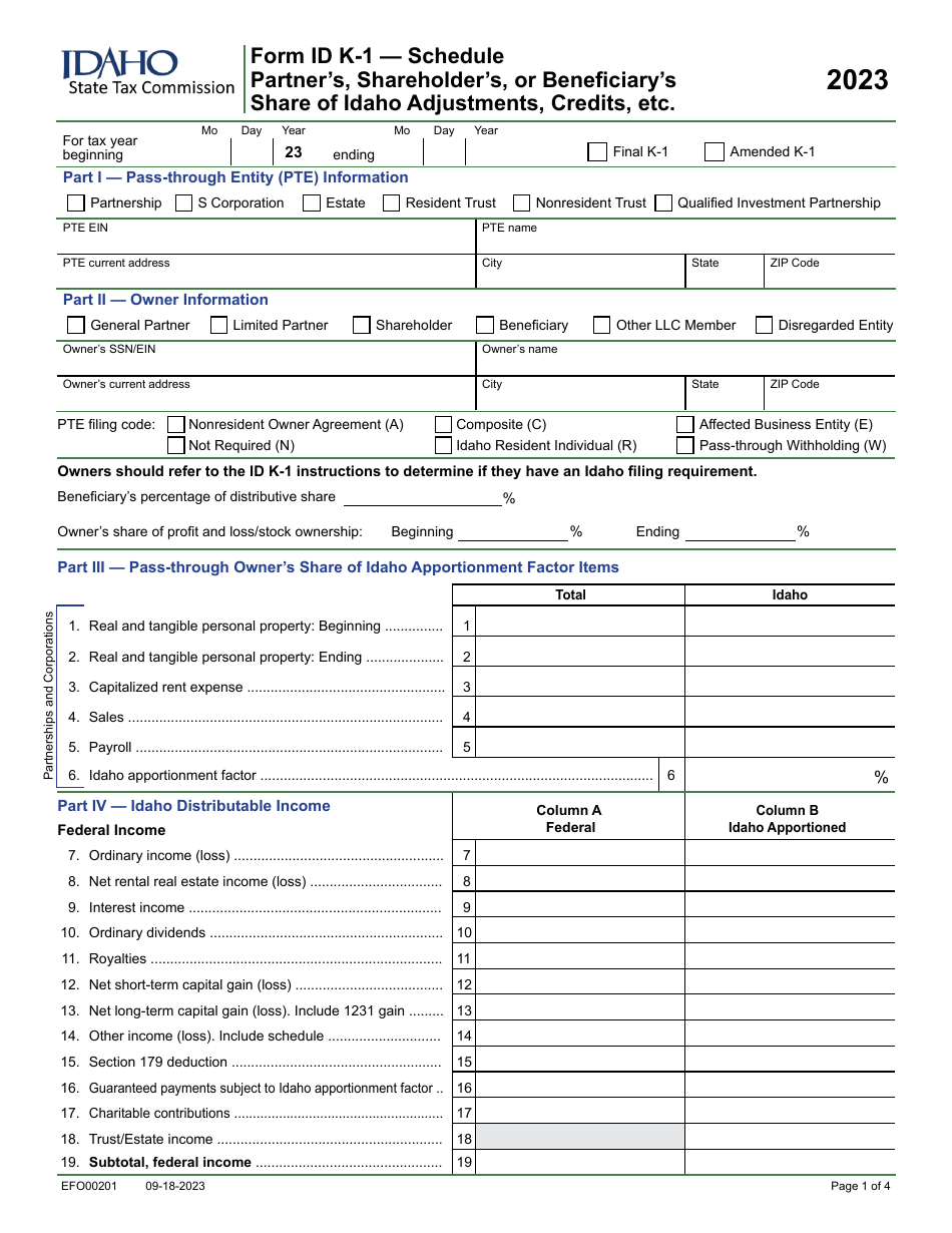 Form ID K-1 (EFO00201) Download Fillable PDF or Fill Online Partner's ...