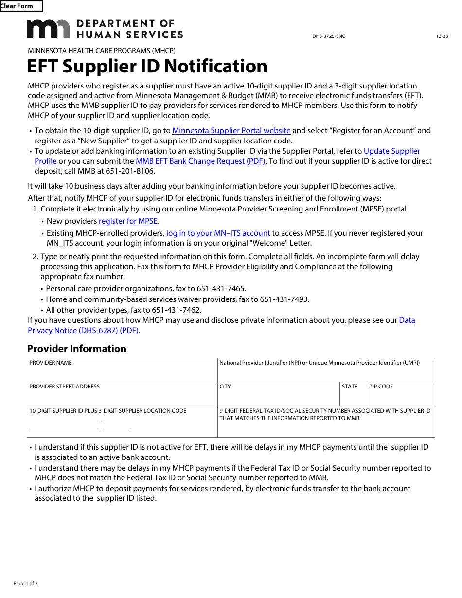 Form DHS-3725-ENG Download Fillable PDF or Fill Online Eft Supplier Id ...