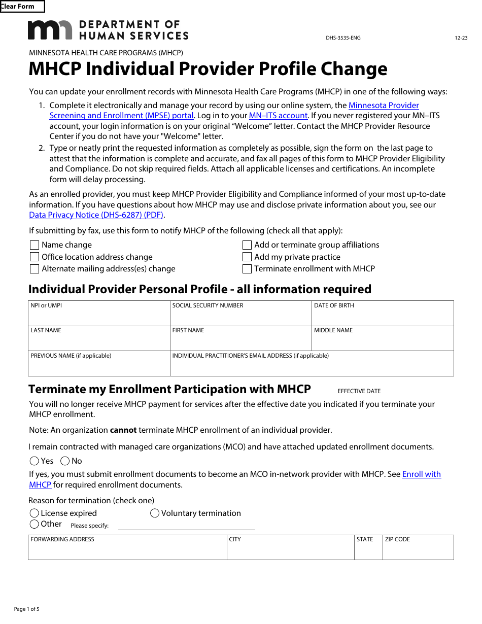 Form DHS-3535-ENG Download Fillable PDF or Fill Online Mhcp Individual ...