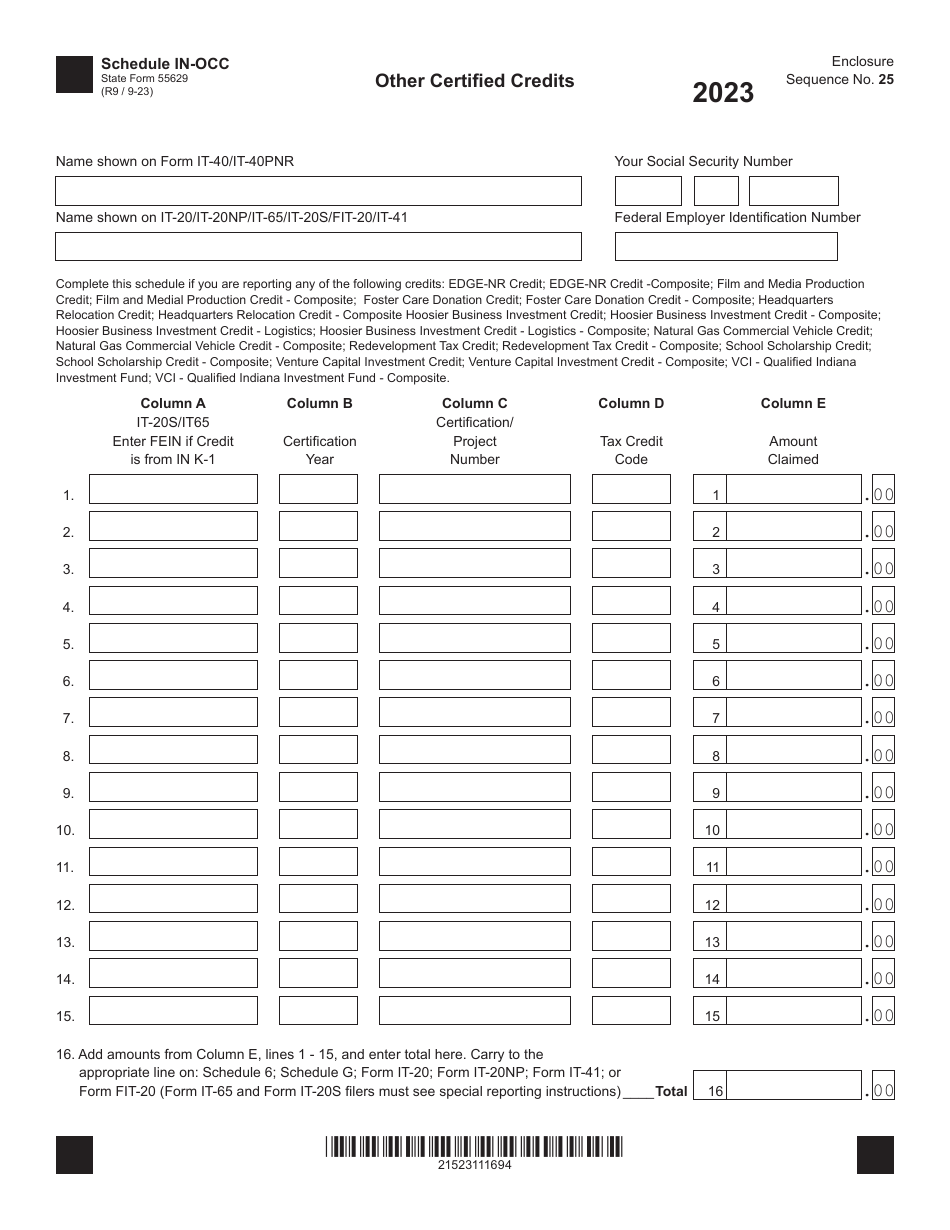 State Form 55629 Schedule IN-OCC Download Fillable PDF or Fill Online ...