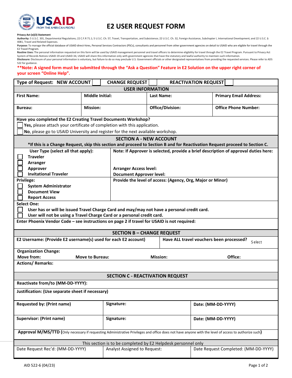 Form AID522-6 Download Fillable PDF or Fill Online E2 User Request Form ...