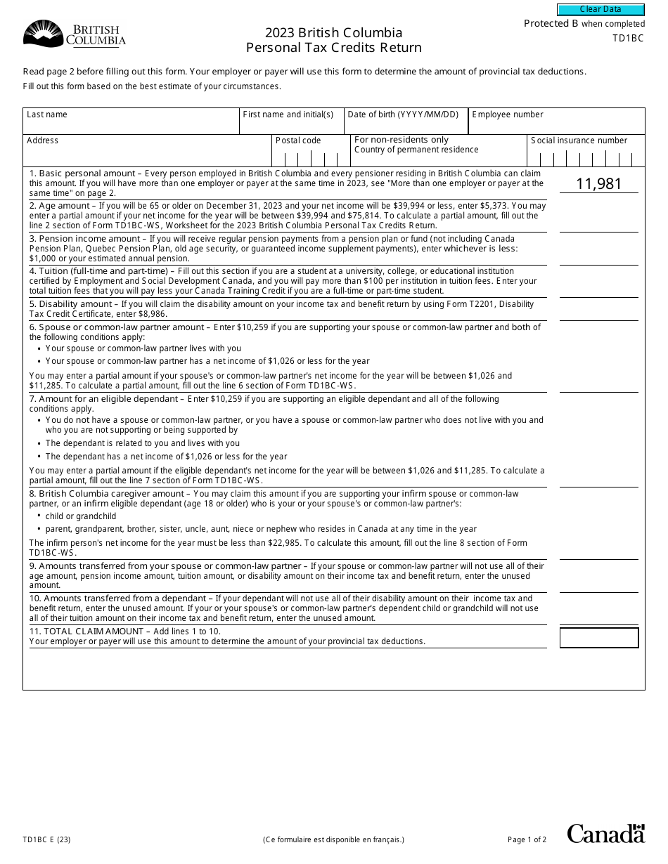 Form TD1BC Download Fillable PDF or Fill Online British Columbia ...