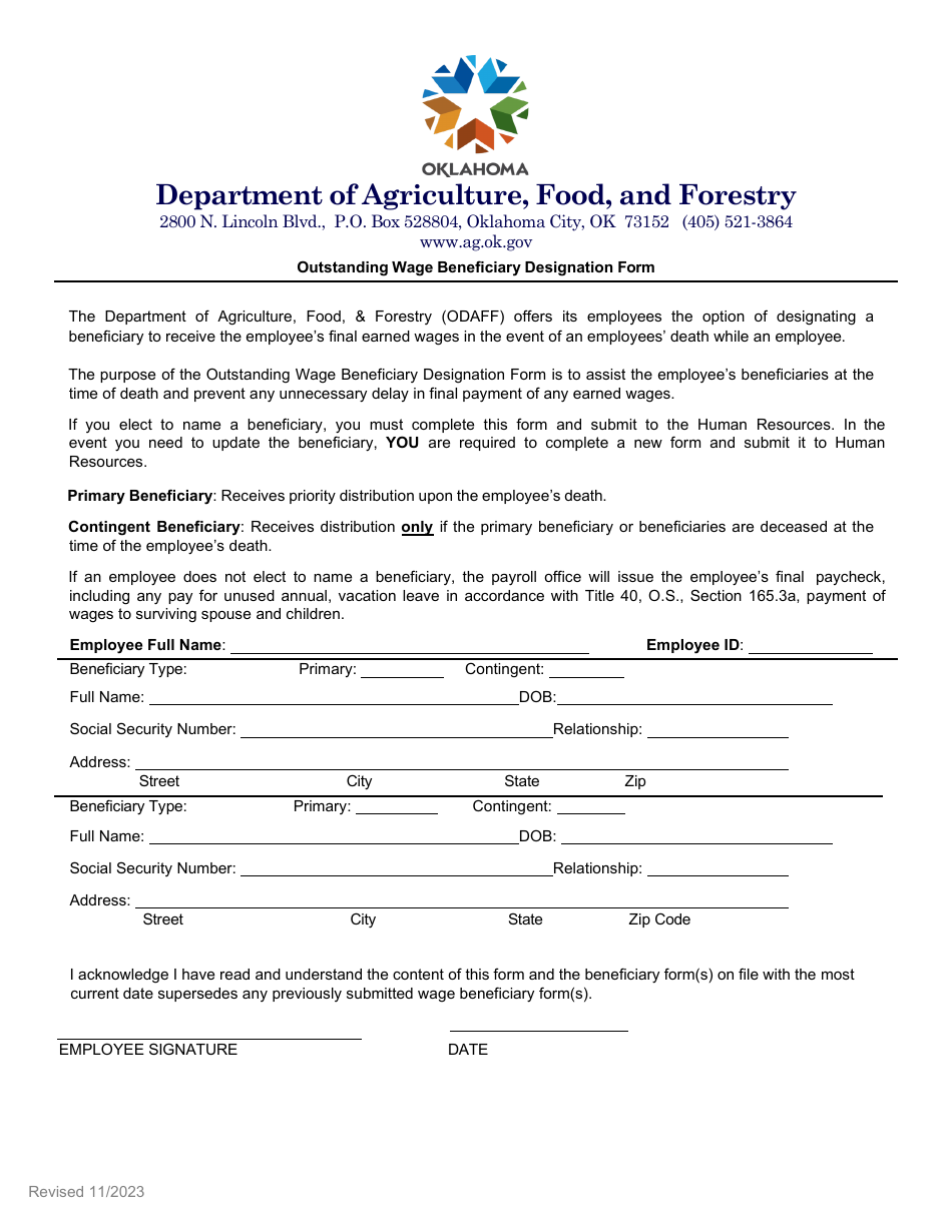 Oklahoma Outstanding Wage Beneficiary Designation Form - Fill Out, Sign ...