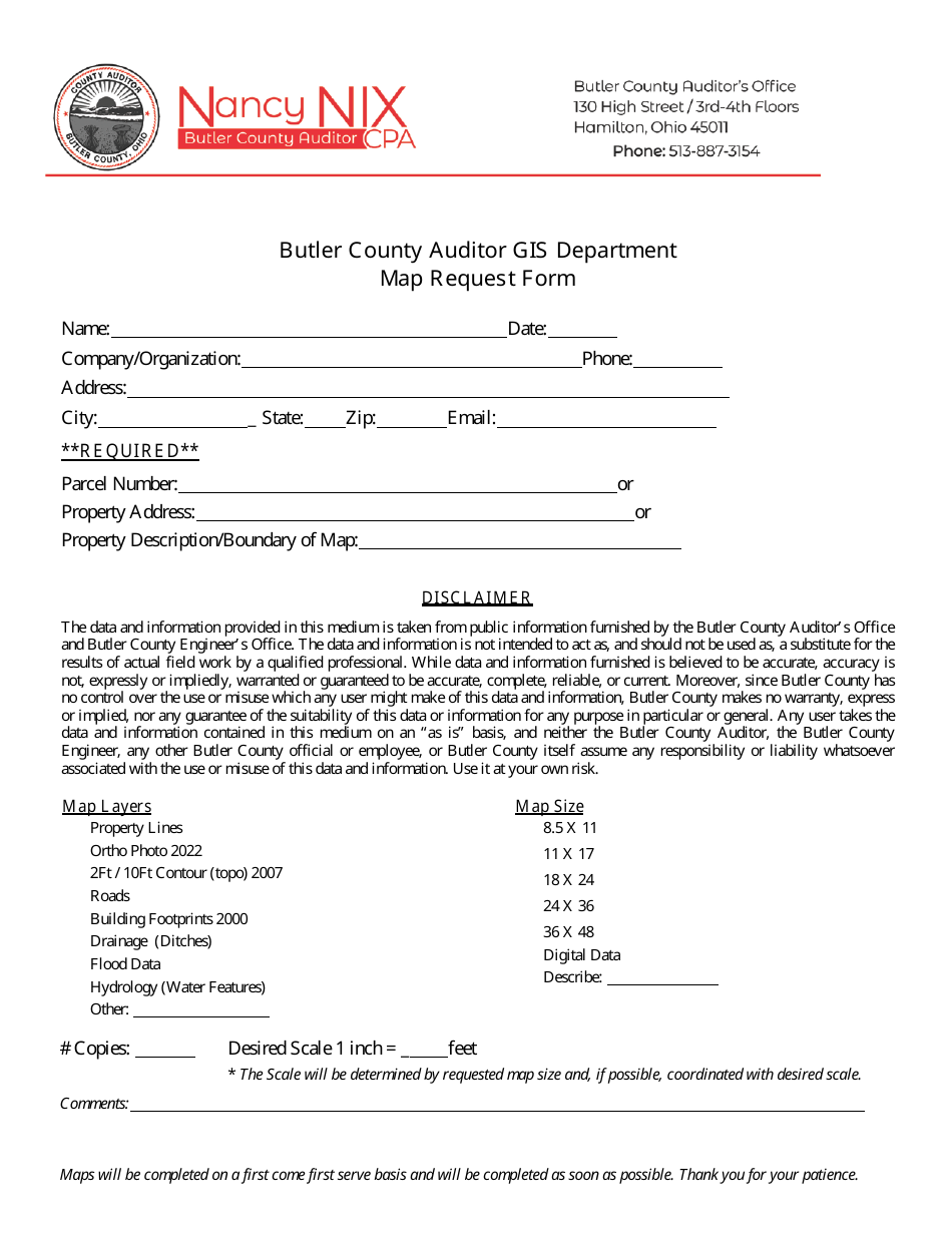 Butler County, Ohio Map Request Form - Fill Out, Sign Online and ...