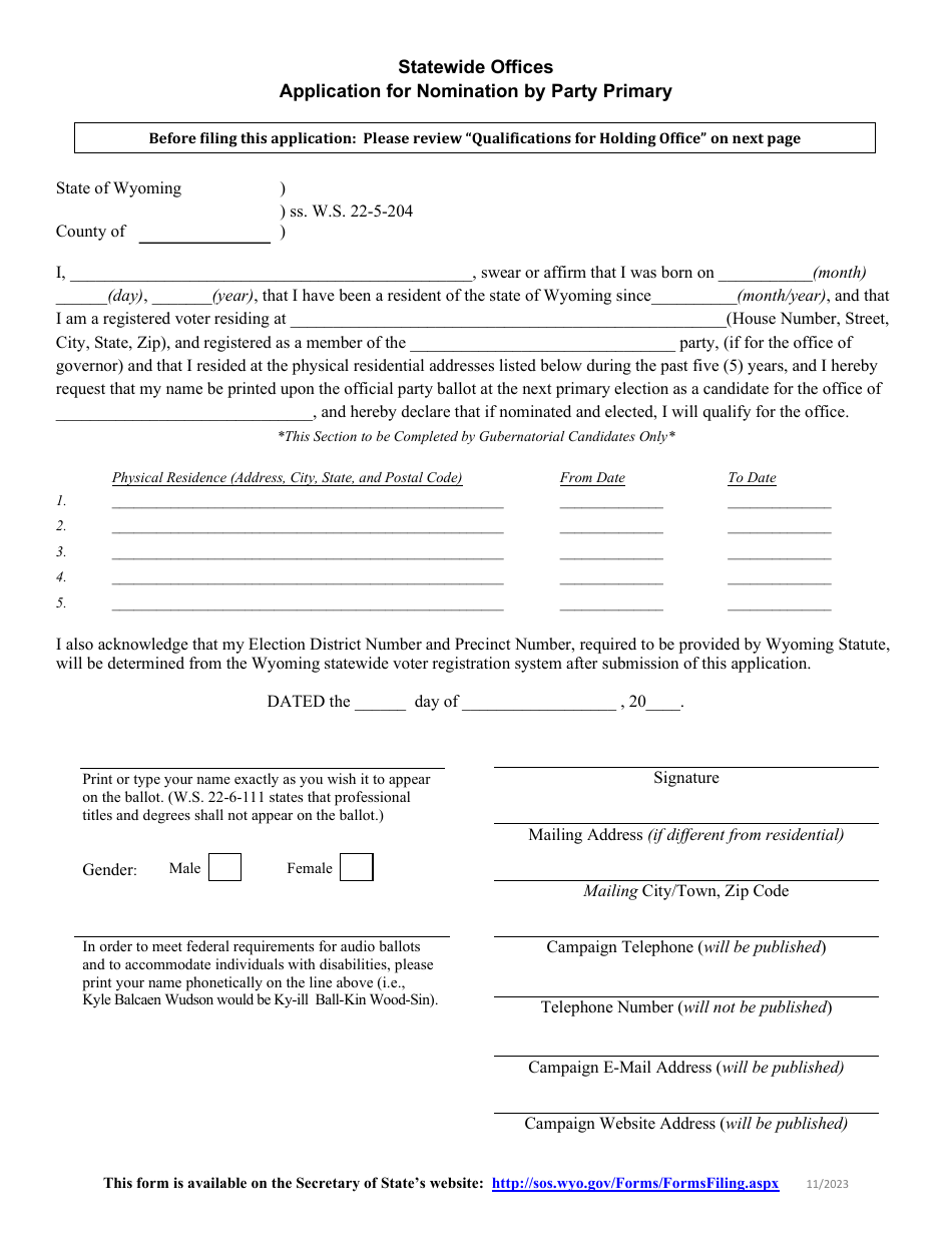 Wyoming Application for Nomination by Party Primary - Statewide Offices ...