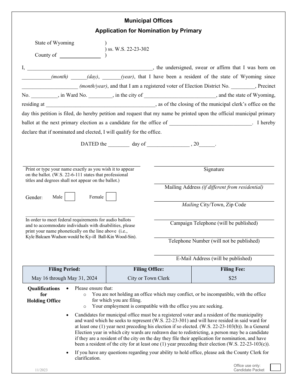 Wyoming Application for Nomination by Primary - Municipal Offices ...