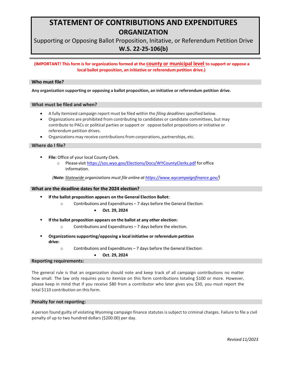 Wyoming Statement of Contributions and Expenditures - Organization ...