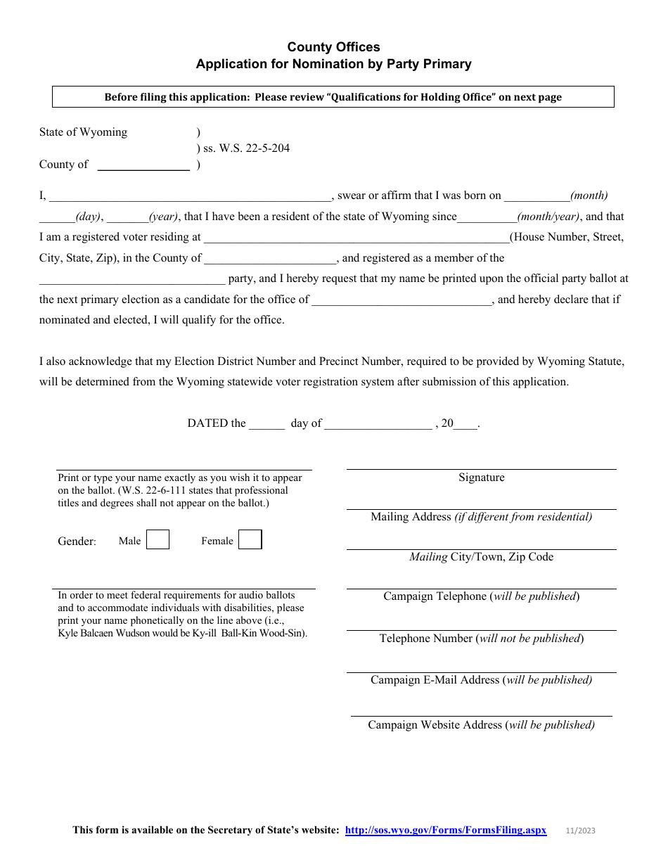 Wyoming Application for Nomination by Party Primary - County Offices ...
