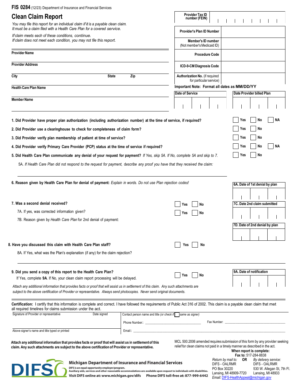 Form FIS0284 Download Fillable PDF or Fill Online Clean Claim Report ...