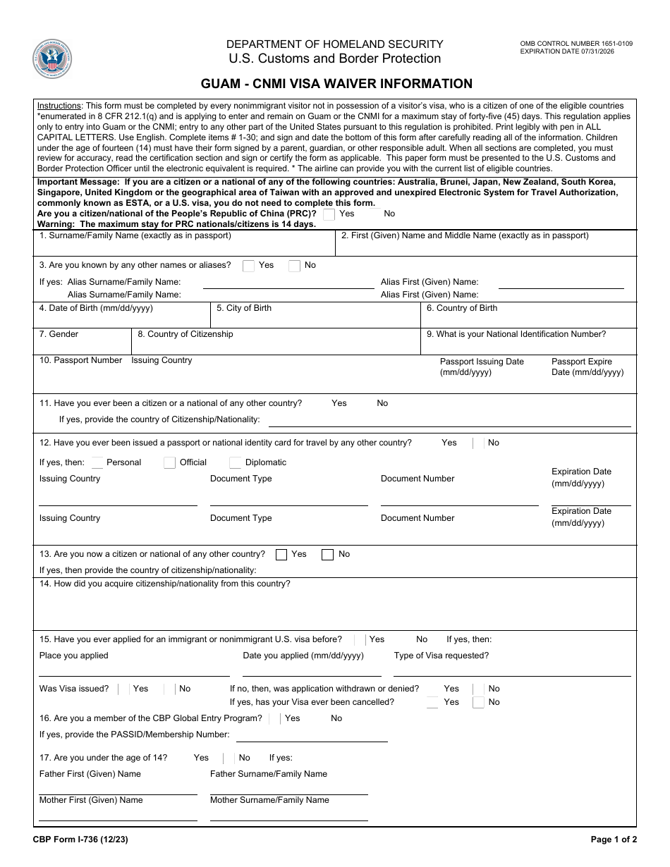 CBP Form I-736 Download Fillable PDF or Fill Online Guam - CNMI Visa ...