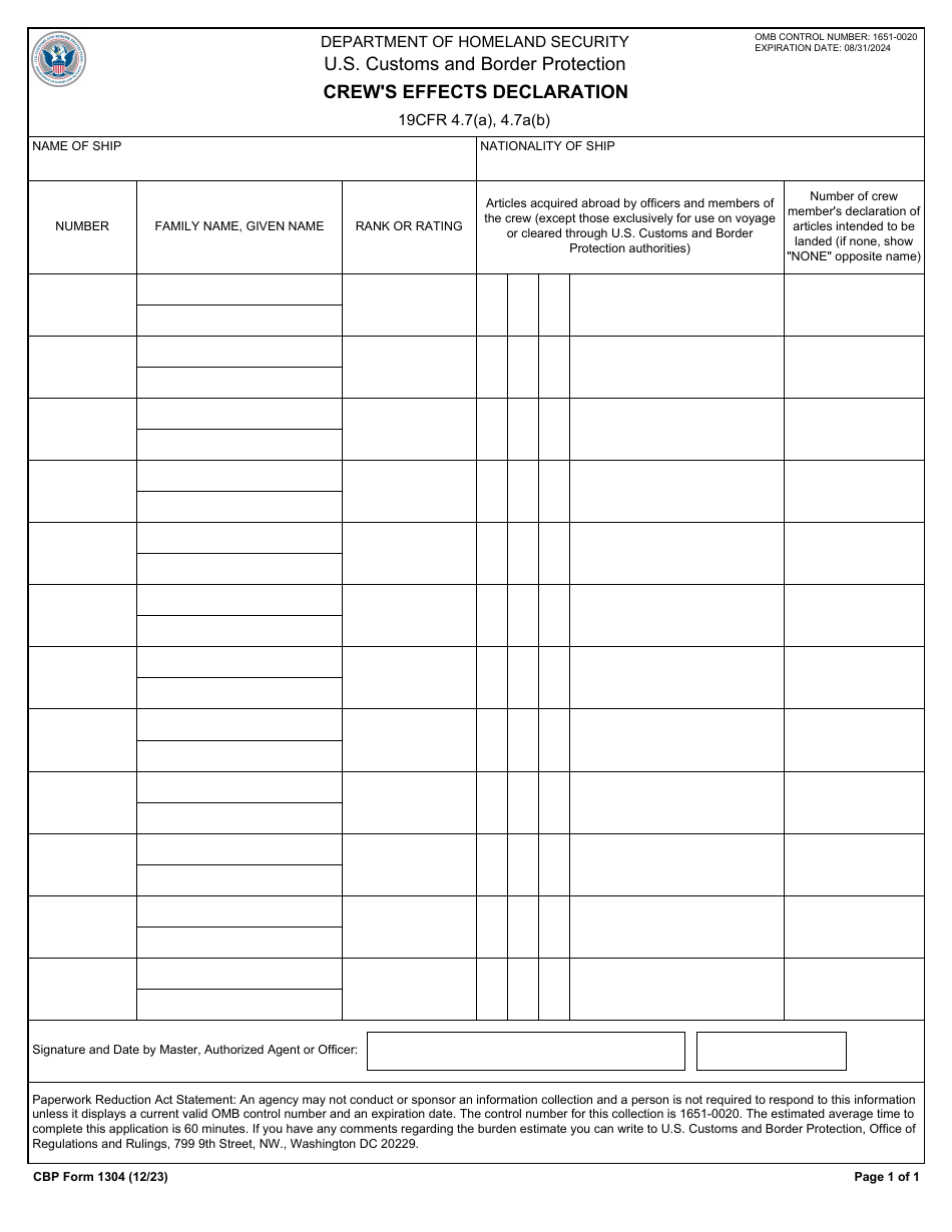 CBP Form 1304 Download Fillable PDF or Fill Online Crew's Effects ... CBP Form 1304 Download Fillable PDF or Fill Online Crew's Effects ...