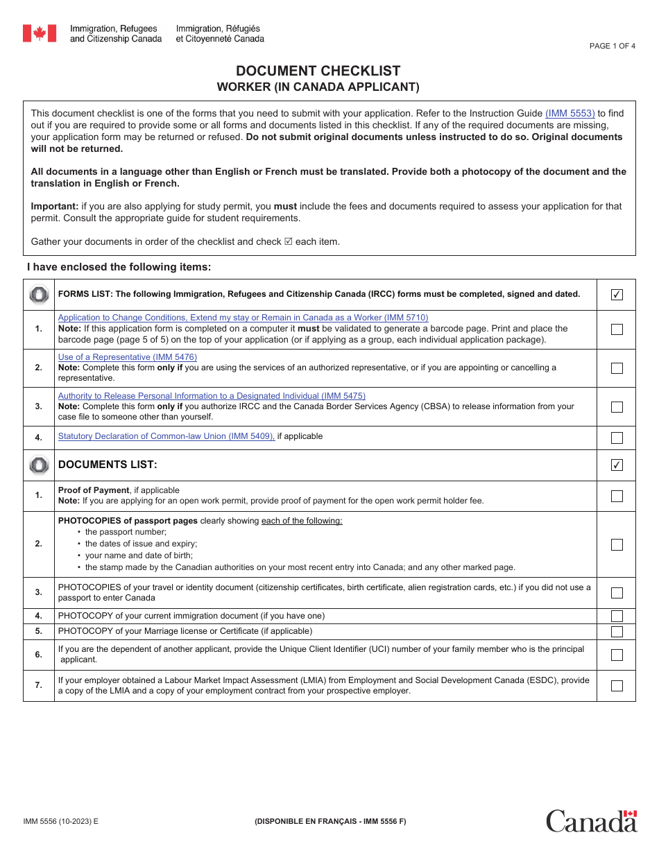 Form IMM5556 Download Fillable PDF Document Checklist - Worker (In ...