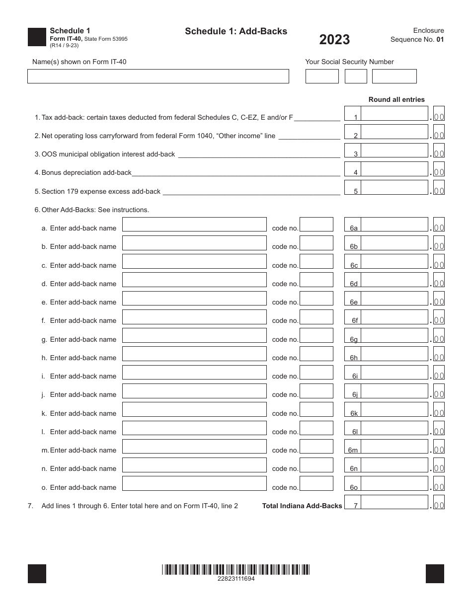 Form IT-40 (State Form 53995) Schedule 1 Download Fillable PDF or Fill ...