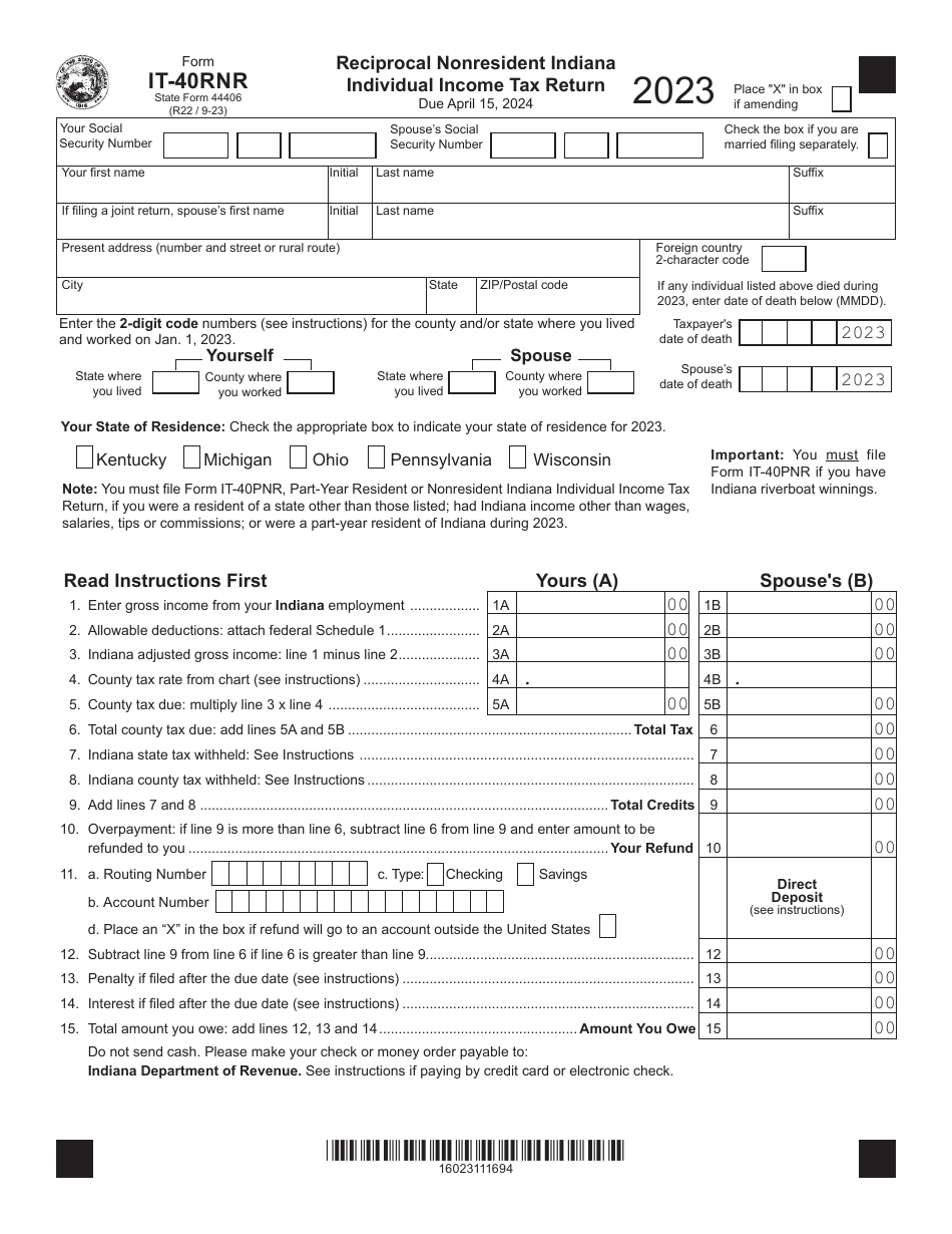 Form IT-40RNR (State Form 44406) Download Fillable PDF or Fill Online ...