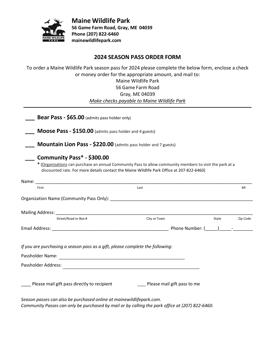 2024 Maine Season Pass Order Form Download Fillable Pdf Templateroller