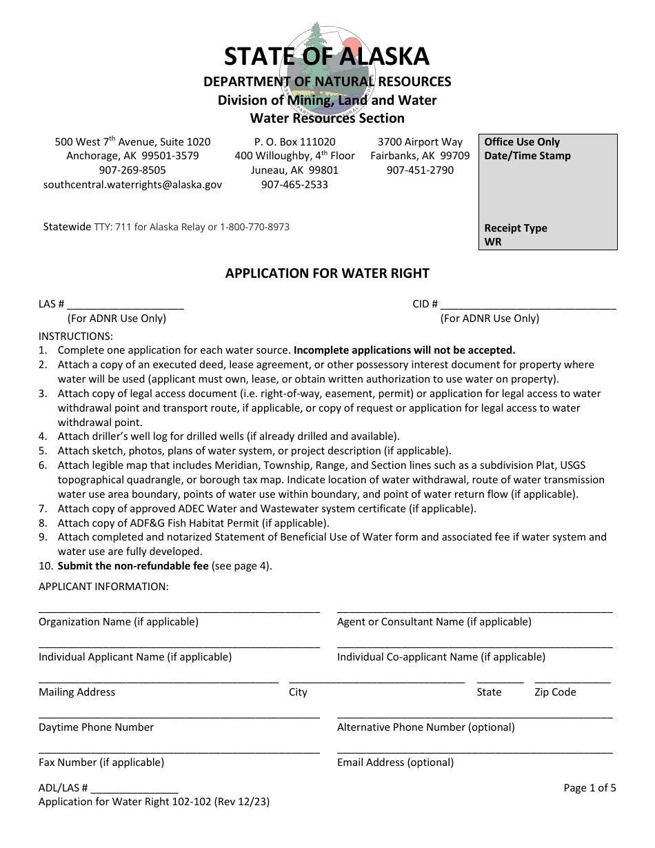 Form 102-102 Download Fillable PDF or Fill Online Application for Water ...