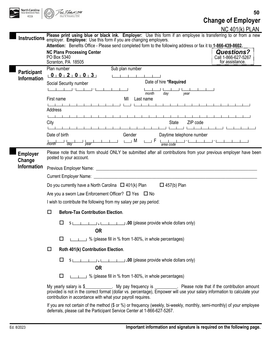 North Carolina Change of Employer - Nc 401(K) Plan Download Printable PDF | Templateroller