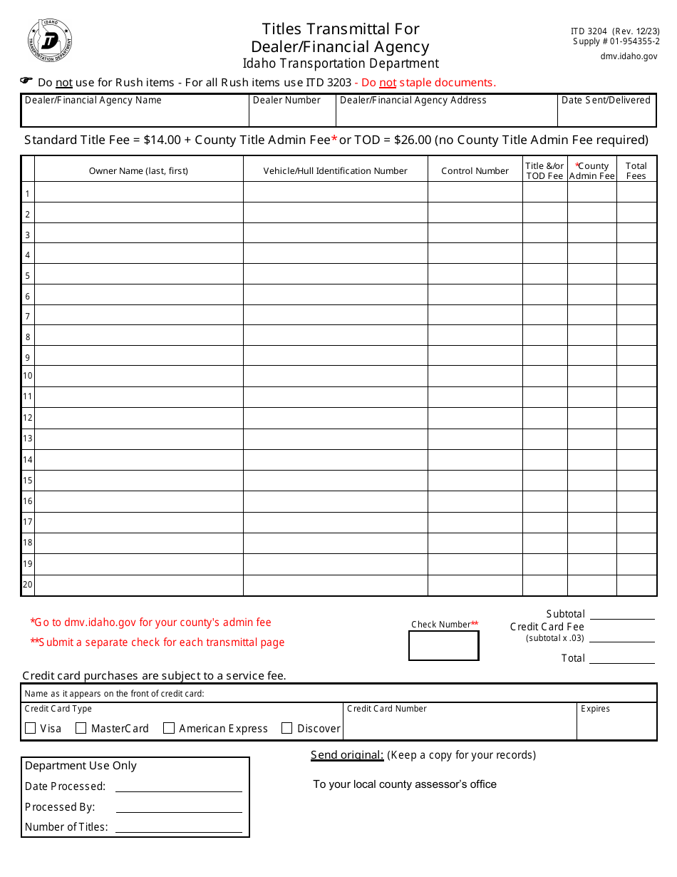Form ITD3204 Download Fillable PDF or Fill Online Titles Transmittal ...