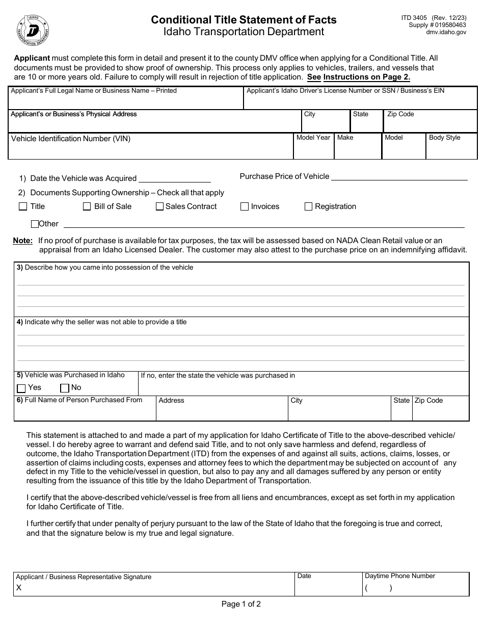 Form ITD3405 Download Fillable PDF or Fill Online Conditional Title ...