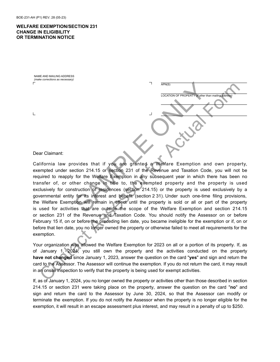Form BOE-231-AH Download Printable PDF or Fill Online Welfare Exemption ...
