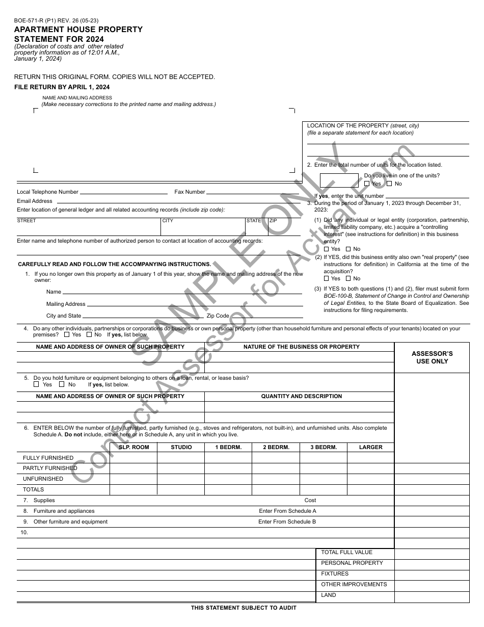 Form BOE-571-R Download Fillable PDF or Fill Online Apartment House ...